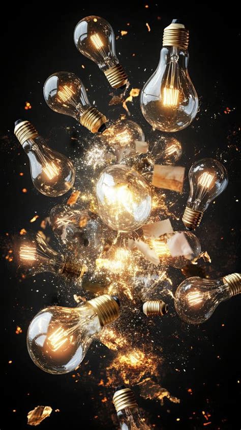 Exploding Light Bulbs Capturing Dynamic Energy And Creativity In A Dramatic Visual Display Stock