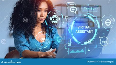 African Woman Typing In Laptop Virtual Assistant Hologram With Icons