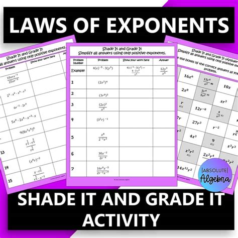 Laws Of Exponents Shade It And Grade It Activity By Absolute Algebra