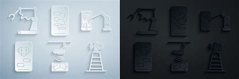 무선 제어 Cctv 보안 카메라 산업용 기계 로봇 로봇 팔 손 봇 안테나 알고리즘 및 공장 아이콘을 설정합니다 벡터 3차원 형태에 대한 스톡 벡터 아트 및 기타 이미지