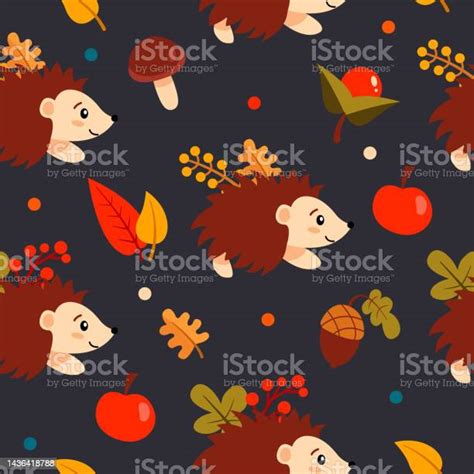 귀여운 고슴도치와 파란색 배경에 나뭇잎이있는 가을 이음새가 없는 패턴 그림 9월에 대한 스톡 벡터 아트 및 기타 이미지 9월 가을 계절 Istock