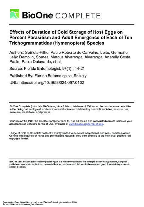 Pdf Effects Of Duration Of Cold Storage Of Host Eggs On Percent Parasitism And Adult Emergence