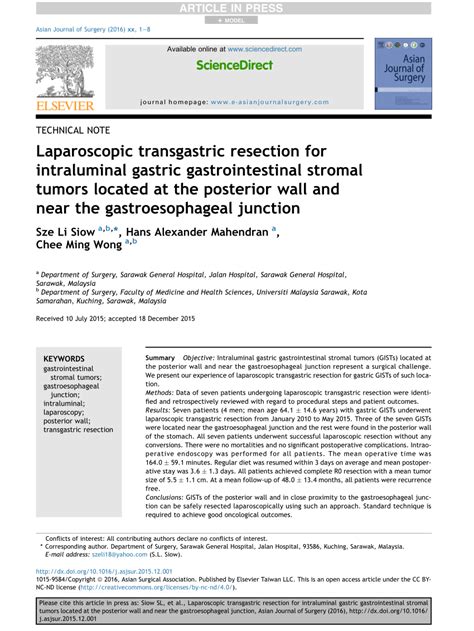 Pdf Laparoscopic Transgastric Resection For Intraluminal Gastric Gastrointestinal Stromal