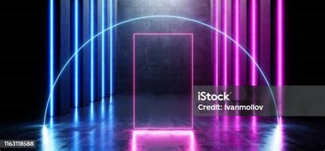 미래 갤러리 지하 방 빛나는 아크 서클 네온 레이저 빔 보라색 블루 그런지 콘크리트 시멘트 어두운 빈 공상 과학 소설 미래 차고