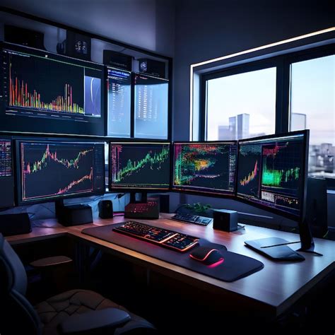 A Computer Desk With A Keyboard And Monitor Showing Stock Market Graphs