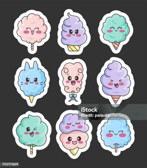 솜사탕 캐릭터 스티커 책갈피 아이들을 위한 달콤한 설탕 디저트 음식 만화 얼굴의 귀여운 카와이 음식 손으로 그린 스타일 벡터 그리기 디자인 요소 모음입니다 가공의 인물에