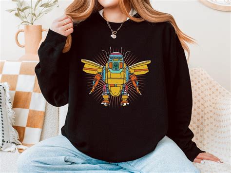 Flying Robot Crewneck Sweatshirt Comic Robot Graphic Gamer Sweater
