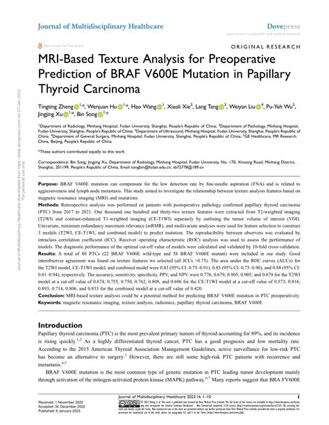 Pdf Mri Based Texture Analysis For Preoperative Prediction Of Braf