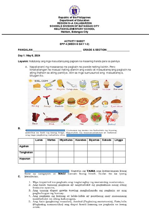 Activity Sheets in EPP Q4 Week 6 Day 1 2 - Republic of the Philippines Department of Education ...