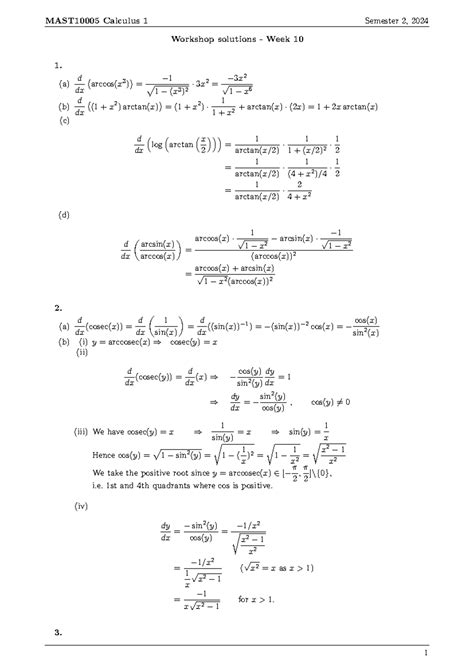 Workshop Week 10 Answers Mast10005 Calculus 1 Semester 2 2024 Workshop Solutions Week 10 1