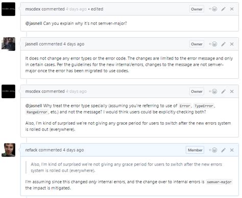 meta semver impact of error messages · issue 13937 · nodejs node · github