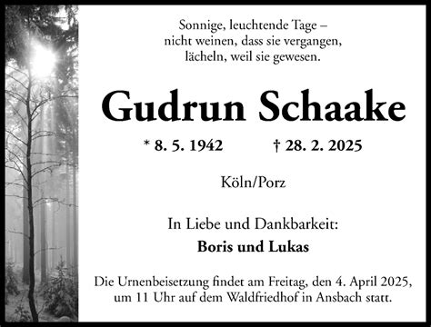 Traueranzeigen Von Gudrun Schaake Trauer Flz De