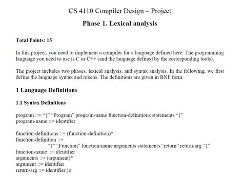 cs 4110 compiler design project phase 1 lexical