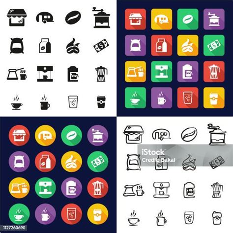 커피숍 아이콘 모두 하나의 아이콘 블랙 화이트 컬러 플랫 디자인 프리 핸드 세트 시식에 대한 스톡 벡터 아트 및 기타 이미지 시식 아이콘 지폐 통화 Istock