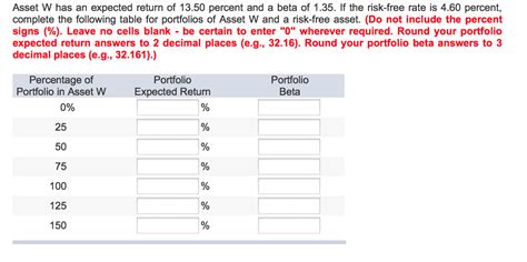 Solved Asset W Has An Expected Return Of 1350 Percent And A