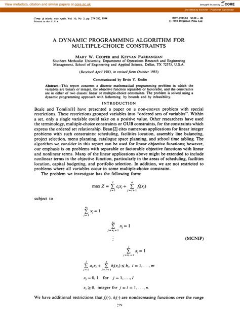 A Dynamic Programming Algorithm For Multiple Choice Constraints Pdf