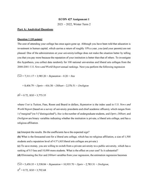 Econ 427 Assignment 1 Econ 427 Assignment 1 2021 2022 Winter Term 2 Part A Analytical