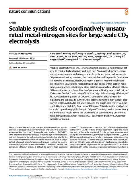 Pdf Scalable Synthesis Of Coordinatively Unsaturated Metal Nitrogen Sites For Large Scale Co2