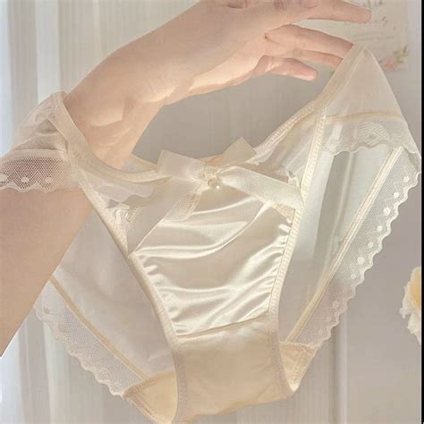 French Sexy Ice Silk Satin Panties Womens Mesh Lace Trim Bow Smooth Japanese Style Womens