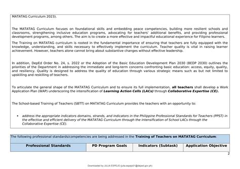 Sample Matatag Workplace Application Plan For Teacherspdf