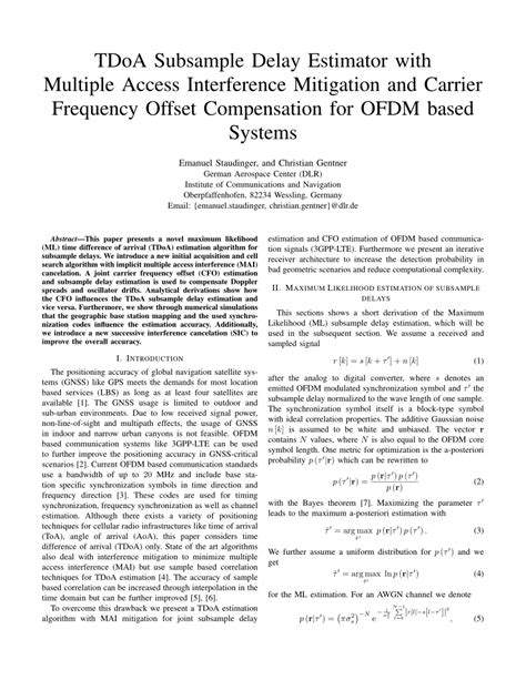 Pdf Tdoa Subsample Delay Estimator With Multiple Access Interference Mitigation And Carrier