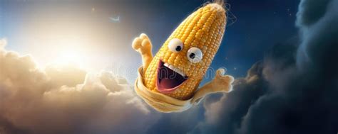 Fancy Corn Cob Character With Eyes And Mouth Smilling Flying In Space