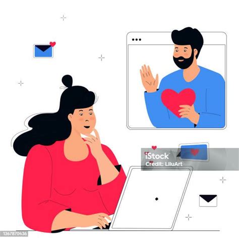 온라인 데이트 소녀는 노트북을 통해 남자 친구와 채팅 발렌타인 데이 Brand Name Online Messaging Platform에 대한 스톡 벡터 아트 및 기타 이미지