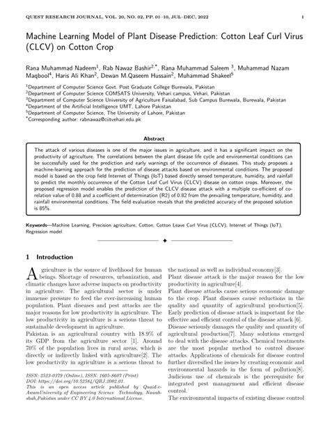 Pdf Machine Learning Model Of Plant Disease Prediction Cotton Leaf