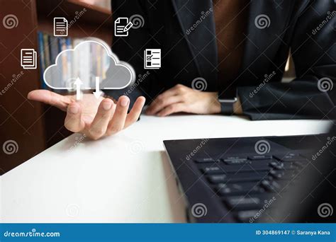 Officer Using Laptop Manage Files Document Management System DMS Online Document Database