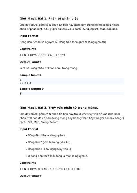 Set Map Set Map Bài 1 Phần Tử Phân Biệt Cho Dãy Số A Gồm Có N