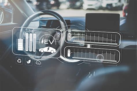 새로운 Ev 자동차 인테리어 디스플레이는 전기 자동차의 하이브리드 배터리 충전을 보여줍니다 탄소 프리 개념 0명에 대한 스톡 사진 및 기타 이미지 Istock