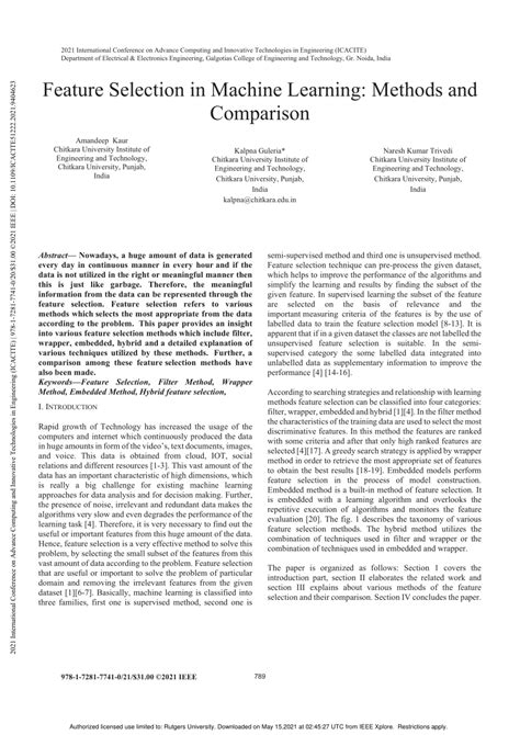 PDF Feature Selection In Machine Learning Methods And Comparison