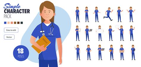 여러 포즈의 집합에서 간단한 평평한 여성 간호사 여자 벡터 문자입니다 간호사에 대한 스톡 벡터 아트 및 기타 이미지 간호사 등장인물 건강관리와 의술 Istock