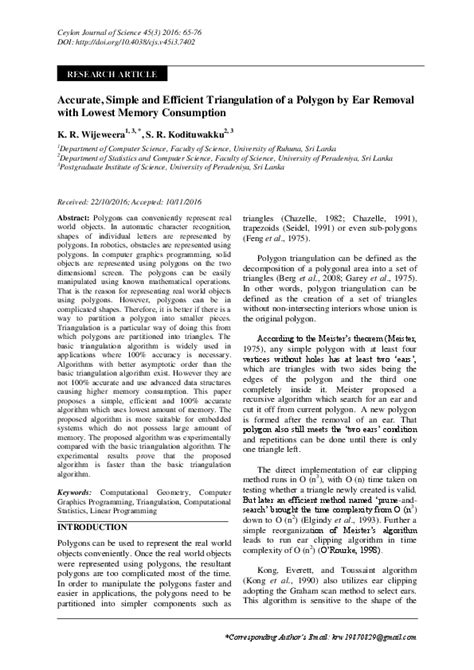 Pdf Accurate Simple And Efficient Triangulation Of A Polygon By Ear Removal With Lowest