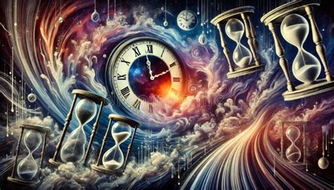 Hourglasses And Clocks Symbolizing Flow Of Time In Surreal Space Art Stock Illustration