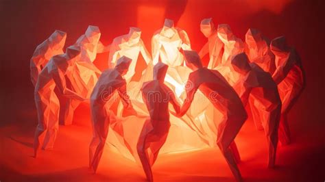 Abstract Figures Gathering Around An Illuminated Geometric Object In A Dreamy Environment Stock