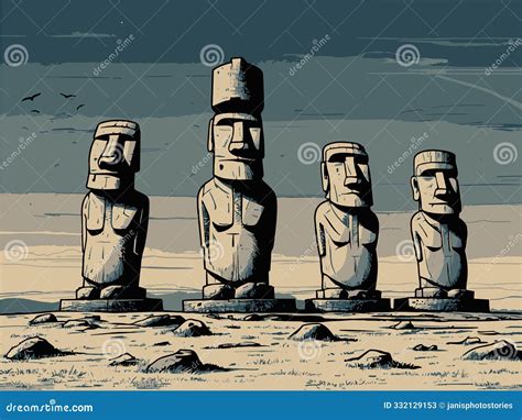 Moai Statues Illustration In Earthy Tones Historical Vector Art