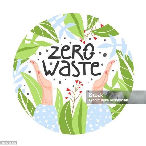 제로 폐기물 개념 에코 라이프 스타일 폐기물 제로라는 문구가 적힌 표지판을 들고 있는 손 다양한 잎이있는 원형 모양 조성물 0에