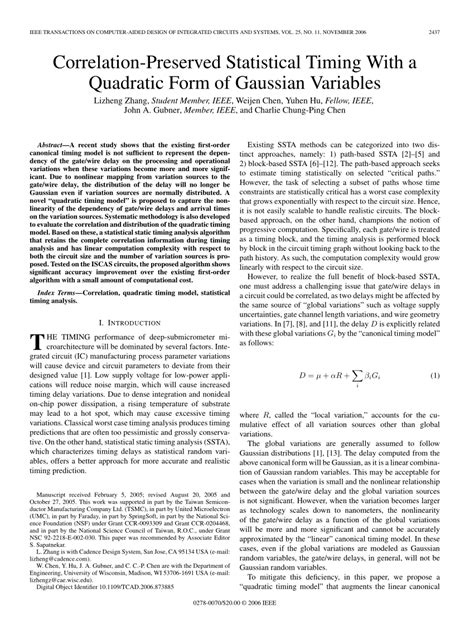 Pdf Correlation Preserved Statistical Timing With A Quadratic Form Of Gaussian Variables