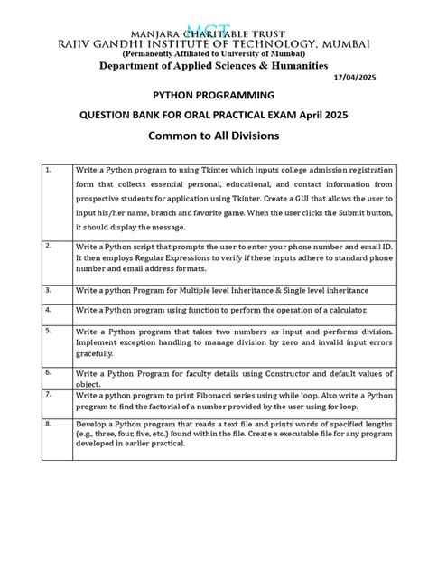 Question Bank Oral Practical Exam Python April 2025 Pdf