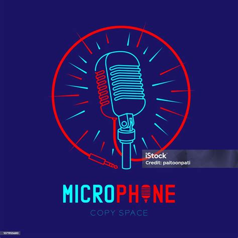 레트로 마이크 로고 아이콘 개요 선 마이크 텍스트와 복사 공간 벡터 Eps 10와 어두운 파란색 배경에 절연 케이블 대시 선 디자인 그림에서 원형 프레임에 반경 마이크에