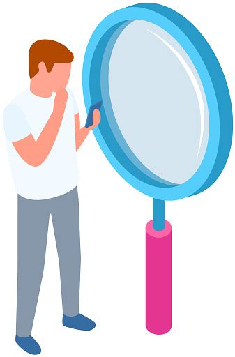 돋보기로 모바일 응용 프로그램을 사용하여 전화로 정보를 검색하는 남성 캐릭터 개념에 대한 스톡 벡터 아트 및 기타 이미지