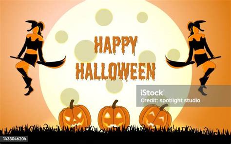 할로윈 파티 배경 및 초대장을위한 할로윈 일러스트레이션 마녀와 귀여운 무서운 호박이있는 손으로 그린 벡터 할로윈 일러스트레이션 배경에 지온트 달이있는 할로윈 일러스트레이션