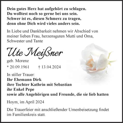 Traueranzeigen Von Ute Meißner Abschied Nehmende