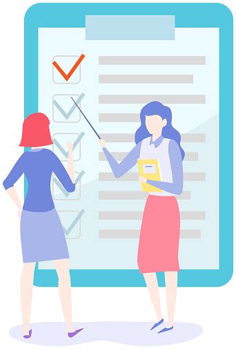 동료가 토론하고 클립 보드에 체크리스트를 계획합니다 작업으로 할 일 계획을 제시하는 여성 개념에 대한 스톡 벡터 아트 및 기타 이미지 개념 계획 기업 비즈니스