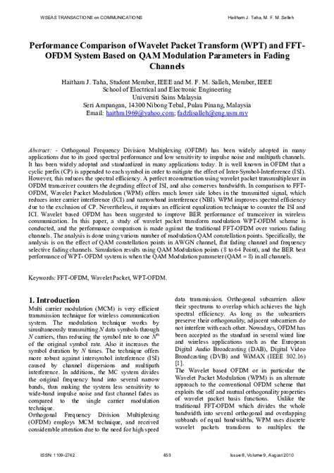 Pdf Performance Comparison Of Wavelet Packet Transform Wpt And Fft Ofdm System Based On Qam