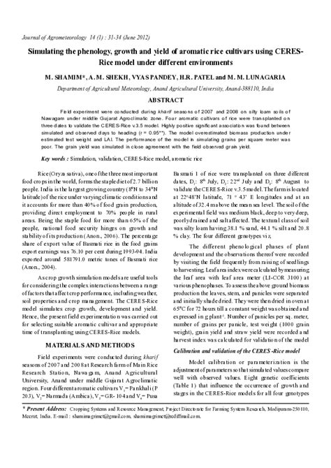Pdf Simulating The Phenology Growth And Yield Of Aromatic Rice Cultivars Using Ceresrice