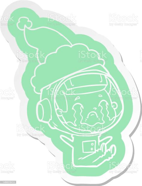 산타 모자를 쓰고 우는 우주 비행사의 기발한 만화 스티커 낙서 드로잉에 대한 스톡 벡터 아트 및 기타 이미지 낙서 드로잉 남자 눈물 Istock