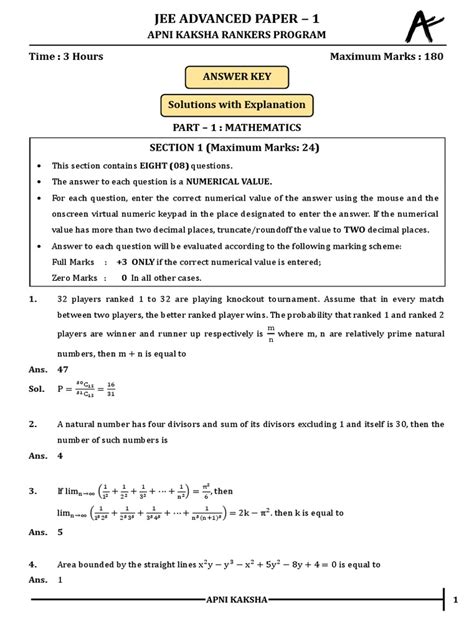 Answer Key And Solutions With Explanation Jee Advanced Paper 1 Apni Pdf