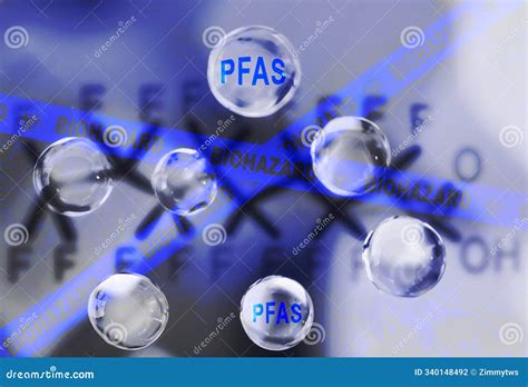 Water Droplets With A Pfas Chemical Structure And Biohazard Text